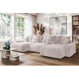 Wohnlandschaft Home Affaire "LAKESIDE mit Bettfunktion und Bettkasten, Ma&szlig;e B/T/H: 332,5/142/84 cm", beige (hellbeige), B:332,5cm H:84cm T:142cm, 100% Polyester, Sofas, Wohnlandschaft, U‑Form mit vielen Kissen und Wellenunterfederung