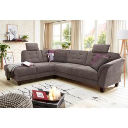 Ecksofa Home Affaire "Trondheim L-Form", grau (taupe), B:260cm H:89cm T:214cm, Struktur fein (100% Polyester);Flachgewebe (100% Polyester);Luxus-Microfaser (90% Polyester, 10% Polyamid), Sofas, Ecksofa, mit Federkern und Knopfheftung im R&uuml;cken, F&uuml;&szlig;e Buche dunkel