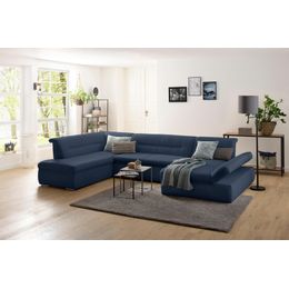Wohnlandschaft Home Affaire "Avesa U-Form", blau (dunkelblau), B:355cm H:80cm T:216cm, 100% Polyester, Sofas, Wohnlandschaft, Wahlweise mit Armteilverstellung und Bettfunktion, B/T/H: 355/216/80cm
