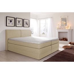 Boxspringbett Hapo, beige (beige, strukturstoff), Liegefl&auml;che B/L: 180cm x 200cm, kein H&auml;rtegrad, Bonnell-Federkernmatratze, Kopfteil, seitliche Unterbox und Obermatratze sind mit pflegeleichtem Feinstrukturstoff in Leinenoptik (100% Polyester) oder Kunstleder bezogen;Die Oberseite der Unterfederung und die Ober- und Unterseite der Obermatratze sind jeweils mit einem rutschhemmenden Stoff aus 100%