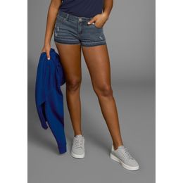 Jeansshorts Kangaroos, Damen, Gr. 36, N-Gr, blau (dunkelblau us), Obermaterial: 80% Baumwolle, 18% Polyester, 2% Elasthan, Destroyed-Effekte, Basic, figurbetont kurz, Jeans Jeansshorts, kurze Hose, mit Destroyed-Effekten, niedrige Leibh&ouml;he