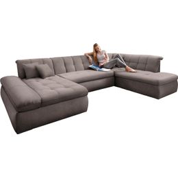 Wohnlandschaft DOMO collection "Moric Luxus incl. Zierkissen", grau (taupe), B:353cm H:80cm T:216cm, Chenille (85% Polyester, 15% Acryl), Sofas, Wohnlandschaft, U-Form, bis 140kg pro Sitzplatz belastbar, XXL B/T/H: 353/216/80 cm