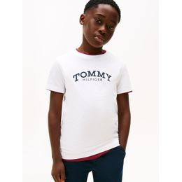 T-Shirt Tommy Hilfiger, Jungen, Gr. 8 (128), wei&szlig;, Single Jersey, Obermaterial: 100% Baumwolle, unifarben, regular fit normal, Rundhals, eingesetzt abgesteppte Kante, Shirts T-Shirt, Regular fit, f&uuml;r Kinder bis 16 Jahre, Druck