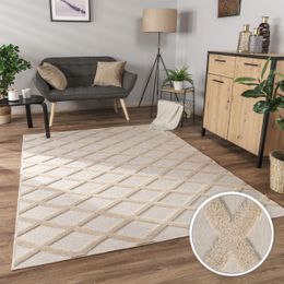 Teppich Paco Home "Utrecht 642", beige, B:230cm H:4mm L:340cm, Polyester, Teppiche, Teppich, Kurzflor, Uni Farben, 3D-Design, Rauten Muster, Hoch-Tief Effekt