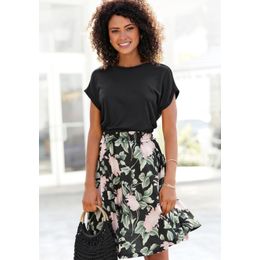 Jerseykleid Buffalo, Damen, Gr. 36, N-Gr, bunt (schwarz, rosa, bedruckt), Jersey, Obermaterial: 100% Viskose, bedruckt, unifarben, figurumspielend kniefrei, Rundhals, Aufschlag, Kleider Jerseykleid, mit R&uuml;sche in der Taille und bedrucktem Rock, kurzes Sommerkleid, Topseller