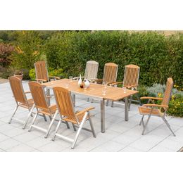 Garten-Essgruppe Merxx "Keros", braun, B:60cm H:118cm T:105cm, Edelstahl, FSC-zertifiziertes Massivholz, Sitzm&ouml;bel-Sets, Garten-Essgruppe, 8 Klappsessel mit ausziehbarem Tisch