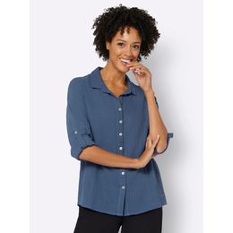 Hemdbluse Casual Looks, Damen, Gr. 48, blau (jeansblau), 100% Baumwolle, unifarben, V-Ausschnitt, Blusen Hemdbluse