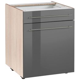 Unterschrank Optifit "Bern", grau (grau hochglanz, akaziefarben), B:60cm H:87cm T:58,4cm, Schr&auml;nke, Unterschrank, 60 cm breit, mit T&uuml;r und Schubkasten, mit h&ouml;henverstellbaren F&uuml;&szlig;en