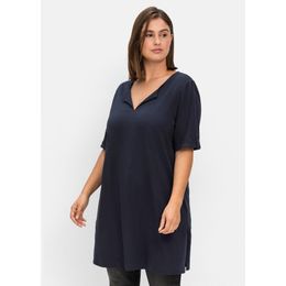 Longshirt sheego "Longshirt", Damen, Gr. 52/54, blau (nachtblau), 100% Baumwolle, unifarben, V-Ausschnitt, Shirts Longshirt