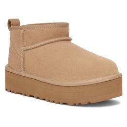 UGG Australia Schlupfboots UGG "KIDS' CLASSIC ULTRA MINI PLATFORM", M&auml;dchen, Gr. 2 (33,5), beige (sand), Veloursleder, Schuhe Schlupfboots, Plateaustiefel, Boots, Winterboots mit Plateau