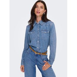 Jeansbluse Only "ONLCHARLIZE LS DNM SHIRT AKM NOOS", Damen, Gr. XS, medium blau denim, Denim/Jeans, Obermaterial: 100% Baumwolle, unifarben, regular fit h&uuml;ftbedeckend, Blusen Jeansbluse, mit Brusttaschen