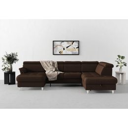 Sit & More Wohnlandschaft SIT & MORE "Marano U-Form", braun (dunkelbraun), B:304cm T:216cm, 100% Polyester, Sofas, Wohnlandschaft, inklusive Kopfteilverstellung, wahlweise mit Bettfunktion, Bettkasten