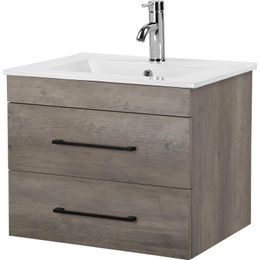 Waschtisch Welltime "Florenz Badschrank Badm&ouml;bel inkl. Waschbecken", grau (grau, grau wood grain), B:61cm H:50cm T:46cm, MDF, Waschtische, Waschtisch, Waschplatz mit 2 Ausz&uuml;gen und Softclose Breite 60cm