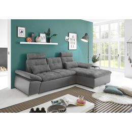 Ecksofa ED EXCITING DESIGN "Jakarta L-Form", grau, B:268cm H:103cm T:170cm, Lederl.: 40% Polyurethan, 40% Polyvenylchlorid; 20% Polyester;Sumatra: 100% Polyester, Sofas, Ecksofa, mit Bettfunktion, Armteilverstellung, Kopfst&uuml;tzen & 2 Nierenkissen