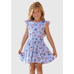 Jerseykleid Kidsworld "f&uuml;r kleine M&auml;dchen", M&auml;dchen, Gr. 116/122, N-Gr, blau (blau, gemustert), Jersey, Obermaterial: 95% Baumwolle, 5% Elasthan, bedruckt, geringelt, ausgestellt kniefrei, Rundhals, Fl&uuml;gel&auml;rmel abgesteppte Kante, Kleider Jerseykleid, sommerliche Anl&auml;sse und Partys, kniefreie L&auml;nge, modische Note, Topseller