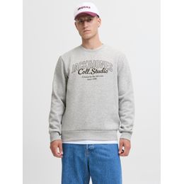 Jack & Jones Sweatshirt JACK & JONES "JJMAKOTO SWEAT CREW NECK", Herren, Gr. S, grau (light grau melange print:big print), angeraute Sweatware, Obermaterial: 80% Baumwolle, 20% Polyester, bedruckt, meliert, regular fit, Rundhals, Rippb&uuml;ndchen, Sweatshirts Sweatshirt