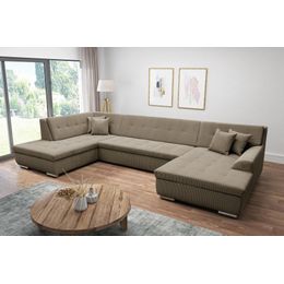 Wohnlandschaft DOMO collection "Treviso incl. Zierkissen, moderne Steppung, XXL: B/T/H: 364/201/83 cm", braun (schlamm), B:364cm H:83cm T:201cm, 100% Polyester;Microfaser-Primabelle (100% Polyester) / Struktur (90% Polyester; 10% Polyacryl), Sofas, Wohnlandschaft, wahlweise mit Bettfunktion, in vielen Bezugsarten auch in Cord U-Form