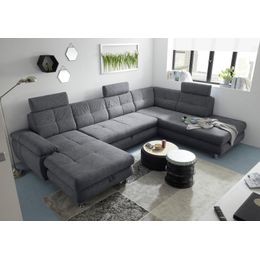 Wohnlandschaft ED EXCITING DESIGN "Alba U-Form", grau (anthrazit), B:349cm H:88cm T:233cm, 100% Polyester, Sofas, Wohnlandschaft, mit Bettfunktion, Bettkasten, Armteilverstellung & Kopfst&uuml;tzen
