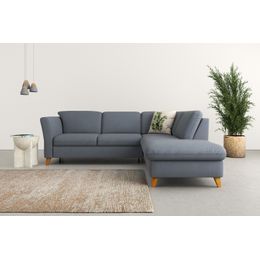 Ecksofa Home Affaire "Trelleborg L-Form", blau (blaugrau), B:252cm H:86cm T:213cm, 100% Polyester, Sofas, Ecksofa, Federkern-Polsterung, wahlweise mit Bettfunktion und Stauraum