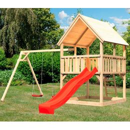 Spielturm Konifera "Lenie", beige (natur, rot), Spielt&uuml;rme, KinderB:440cm H:345cm T:264cm, Holzwerkstoff, Spielturm, BxTxH: 440x264x345 cm, B:440cm H:345cm T:264cm