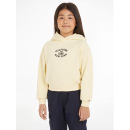 Kapuzensweatshirt Tommy Hilfiger "MONOTYPE FLOCK HOODIE", M&auml;dchen, Gr. 3 (98), gelb (lemon zest), Sweatware, Obermaterial: 70% Baumwolle, 30% Polyester, unifarben, B&uuml;ndchen, Sweatshirts Kapuzensweatshirt, Kinder bis 16 Jahre mit Logoschriftzug