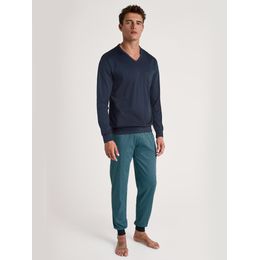 Schlafanzug Calida "Relax Streamline 1", Herren, Gr. XXL (58/60), blau (bright blau), Interlock, Obermaterial: 100% Baumwolle, lang, V-Ausschnitt, angesetztes B&uuml;ndchen, Homewear-Sets Schlafanzug, Kontrastverarbeitung an Kragen & Brusttasche