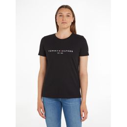 Rundhalsshirt Tommy Hilfiger "HERITAGE HILFIGER C-NK REG TEE", Damen, Gr. XXS (32), schwarz, Single Jersey, Obermaterial: 100% Baumwolle, bestickt, unifarben, figurbetont normal, Rundhals, eingesetzt abgesteppt, Shirts Rundhalsshirt, mit gesticktem Tommy Hilfiger Linear Logo-Schriftzug