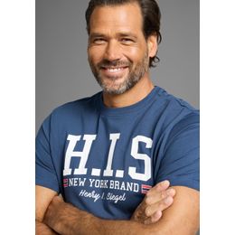 H.I.S. T-Shirt H.I.S, Herren, Gr. M (48/50), blau, Single Jersey, Obermaterial: 100% Baumwolle, bedruckt, slim fit, Rundhals, Shirts T-Shirt, mit trendigem Markenlogo im Collage-Look