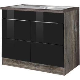 Sp&uuml;lenschrank KOCHSTATION "KS-Brindisi", schwarz (schwarz hochglanz, eiche vintage), B:100cm H:85cm T:60cm, Holzwerkstoff, MDF, Schr&auml;nke, Sp&uuml;lenschrank, 100 cm breit, inklusive Einbausp&uuml;le