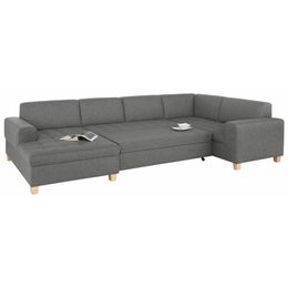 Wohnlandschaft Home Affaire "Corby, viel Platz und Komfort, U-Form", grau (hellgrau), B:333cm H:80cm T:199cm, Struktur fein (100% Polyester);Chenille (100% Polyester);NaturLEDER (echtes Rindsleder) auf Sitzfl&auml;che, Kunstleder im Korpus;Melrose (100% Polyester), Sofas, Wohnlandschaft, wahlweise mit Bettfunktion, Steppung auf Sitzfl&auml;che