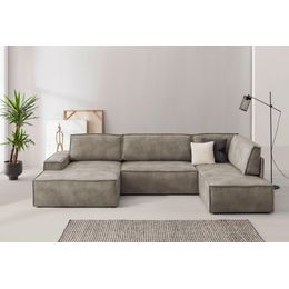 Wohnlandschaft Home Affaire "SHERWOOD U-Form, 329 cm - OTTO. Verl&auml;ssliche Qualit&auml;t.", grau (mittelgrau), B:329cm H:85cm T:195cm, 100% Polyester, Sofas, Wohnlandschaft, Schlaffunktion m. Bettkasten (194x139 cm), Cord, Vintage, Samtvelours