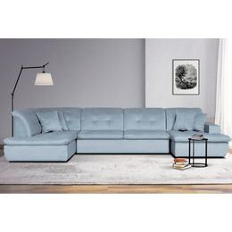 Wohnlandschaft Home Affaire "BRISBANE NEU U-Form", blau (hellblau), B:380cm H:83cm T:202cm, 100% Polyester, Sofas, Wohnlandschaft, mit feiner Steppung, Matten-Optik, incl. Zierkissen