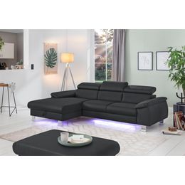 Ecksofa COTTA "Komaris L-Form, B: 244 cm", schwarz, B:244cm H:72cm T:166cm, Microfaser PRIMABELLE (100% Polyester);Kunstleder SOFTLUX(100%Polyurethan);Feinstruktur (100% Polyester);Kunstleder SOFTLUX/Struktur (100%Polyurethan, 90%Polyester, 10% Polyacryl), Sofas, Ecksofa, mit Kopfteilverstellung, optional Bettfunktion, Bettkasten & Licht
