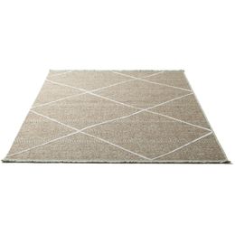 Teppich Sansibar "Braderup", beige, B:80cm H:2mm L:200cm, Schurwolle, Teppiche, Teppich, Flachgewebe, modernes Scandi Design, Motiv Rauten, mit Fransen