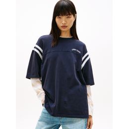 Kurzarmshirt Tommy Jeans "TJW OVS VARSITY SS TEE", Damen, Gr. L (40), schwarz night navy, Single Jersey, Obermaterial: 100% Baumwolle, unifarben, unifarben mit Farbeinsatz, oversize h&uuml;ftlang, Rundhals, Shirts Kurzarmshirt