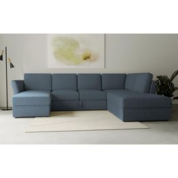 Wohnlandschaft Home Affaire "Lavars Schlafsofa", blau, B:310cm H:90cm T:226cm, 53% strukturiertes Polyester, 47% Polyester, Sofas, Wohnlandschaft, mit Bettfunktion und Stauraum, in zwei verschiedenen Bezugsqualit&auml;ten