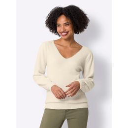 V-Ausschnitt-Pullover Heine "Pullover", Damen, Gr. 42, beige (champagner), 54% Polyamid, 30% Viskose, 16% Polyester, unifarben, Pullover V-Ausschnitt-Pullover