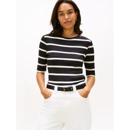 Kurzarmshirt Tommy Hilfiger "SLIM 5X2 RIB C-NK 1/2 SLV mit Rundhals und Rippstruktur", Damen, Gr. XXL (44), schwarz, calico stp, Single Jersey, Obermaterial: 95% Viskose, 5% Elasthan, gestreift, figurbetont normal, Rundhals, Shirts Kurzarmshirt, unifarben, casual, slim fit, Viskosemix, Rundhals