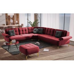 Sit & More Ecksofa SIT & MORE "Orient 1 L-Form", rot, B:299cm H:88cm T:279cm, 100% Polyester, Sofas, Ecksofa, inkl. 4 Zierkissen mit Strass-Stein, goldfarbene Metallf&uuml;&szlig;e