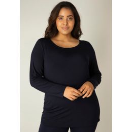 Langarmshirt Base Level Curvy, Damen, Gr. 44, blau (dunkelblau), Web, Obermaterial: 96% Viskose, 4% Elasthan, unifarben, regular fit h&uuml;ftbedeckend, Rundhals, Shirts Langarmshirt, mit Rundhalsausschnitt