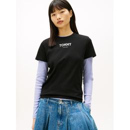 Kurzarmshirt Tommy Jeans "TJW REG ESSENTIAL LOGO 2 TEE EXT", Damen, Gr. XS (34), schwarz, Single Jersey, Obermaterial: 100% Baumwolle, bedruckt, regular fit, Rundhals, Shirts Kurzarmshirt