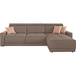 Ecksofa DOMO collection "Ava mit moderner Sitzheftung & toller Doppelnaht, komfortabel, L-Form", beige, B:262cm H:84cm T:167cm, Kunstleder SOFTLUX;Struktur fein (100% Polyester);Zierkissen: Microfaser PRIMABELLE (100% Polyester);Struktur (100% Polyester);Microfaser PRIMABELLE (100% Polyester), Sofas, Ecksofa, mit Recamiere, inkl. Federkern, wahlweise mit Kopfteilverstellungen
