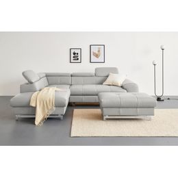 Ecksofa COTTA "Chef L-Form", grau (argent), B:257cm H:72cm T:206cm, Luxus-Microfaser (100% Polyester);Kunstleder Softlux;Leder Advantage (abgedecktes Spalt-Rindsleder), R&uuml;ckseite mit schwarzem Spannstoff bezogen;NaturLEDER (echtes Rindsleder), R&uuml;ckseite mit schwarzem Spannstoff bezogen, Sofas, Ecksofa, mit Kopfteilverstellung, edle Metallkufen, wahlweise mit Bettfunktion