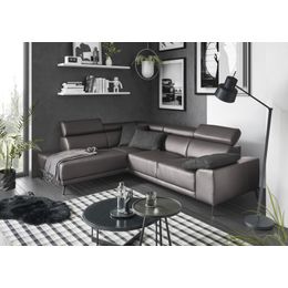 Ecksofa 3C CANDY "Greve modern und bequem, inkl. manueller Kopfteilverstellung, L-Form", grau, B:249cm H:79cm T:209cm, 100% Leder, Sofas, Ecksofa, wahlweise mit motorischem Sitzvorzug