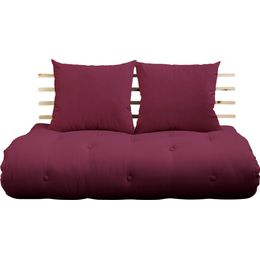 Schlafsofa Karup Design "Shinsano, futonstil, R&uuml;ckenrahmen und zweiteiligem Kissenset", bunt (bordeauxrot), B:140cm, Sofas, Schlafsofa, aus massivem Kiefernholz, faltbarer Matratze, multifunktional, Scandi