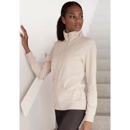 Sweatjacke BENCH. LOUNGEWEAR, Damen, Gr. 40/42, beige (beige meliert), Interlock, Obermaterial: 55% Baumwolle, 45% Polyester, bestickt, meliert, unifarben, Basic h&uuml;ftlang, Rippb&uuml;ndchen, Sweatjacken Sweatjacke, mit gl&auml;nzender Logostickerei am Stehkragen, Loungewear, Topseller