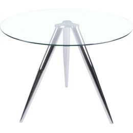 Esstisch Salesfever, transparent (transparent, chromfarben, transparent), B:100cm H:75cm T:100cm, Tische, Esstisch, mit modernem Chrom Gestell