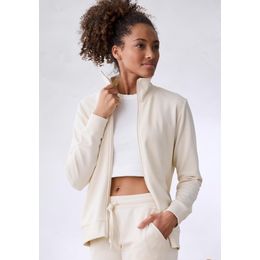 Sweatjacke BENCH. LOUNGEWEAR, Damen, Gr. 32/34, beige (sand), Interlock, Obermaterial: 60% Baumwolle, 40% Polyester, Basic, bequem h&uuml;ftlang, Rippb&uuml;ndchen, Sweatjacken Sweatjacke, mit bestickten Stehkragen, Loungeanzug, Topseller
