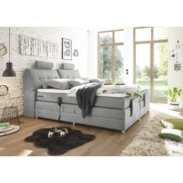 Boxspringbett ED EXCITING DESIGN "Palermo", grau (grau, soro 90 light grau), B:180cm L:234cm, 100% Polyester, Komplettbetten, Boxspringbett, inkl. Motor, Topper, Kopfst&uuml;tze und Stauraum im Kopfteil
