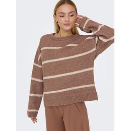 Strickpullover Only "ONLOXFORD LIFE LS STRIPE O-NECK KNT", Damen, Gr. XL, friar braun stripes:humus, melange, Strick, Obermaterial: 86% Polyester, 7% Polyacryl, 4% Wolle, 3% Elasthan, gestreift, relaxed fit normal, Rundhals, Pullover Strickpullover